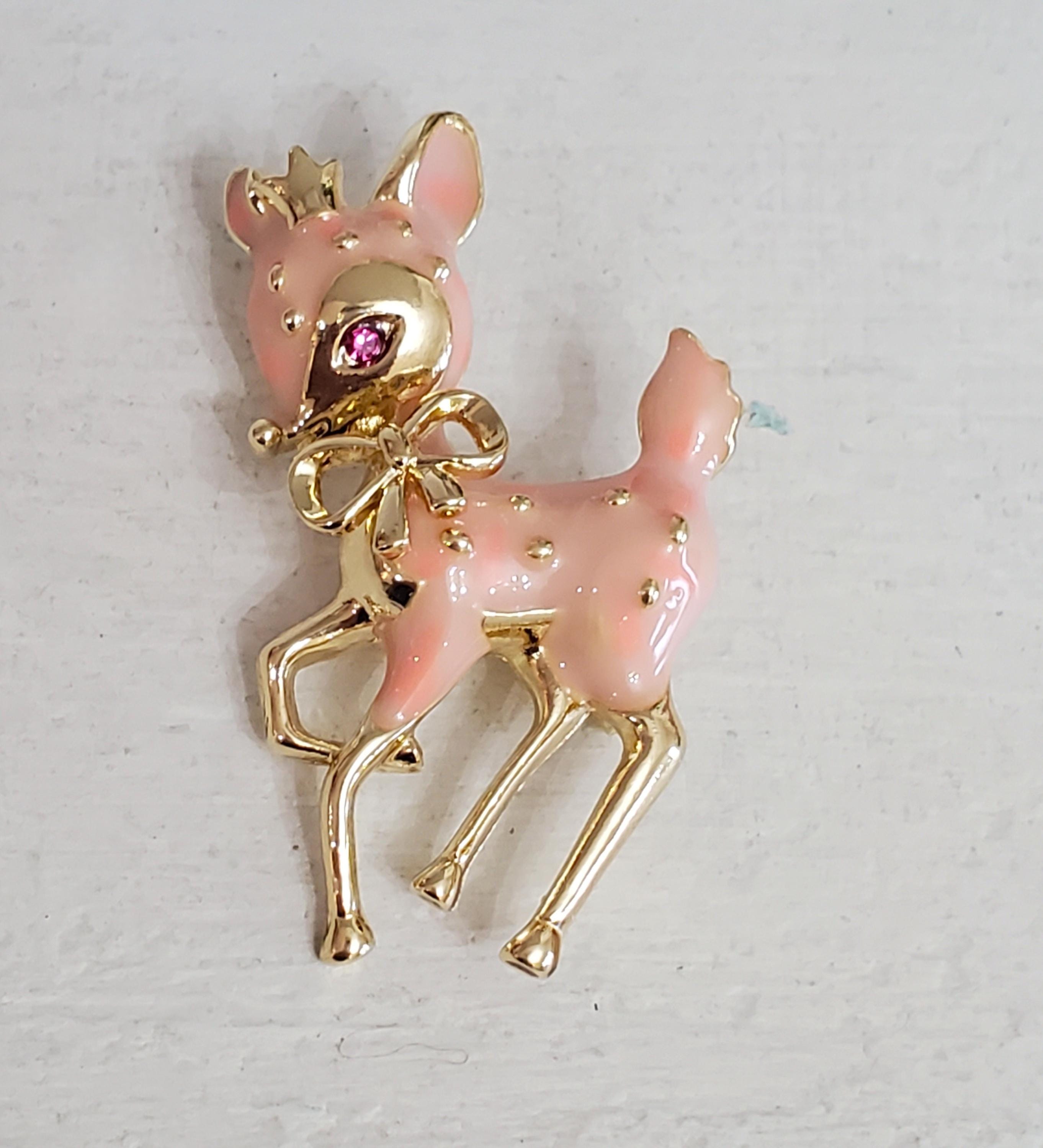 Sweet Pink Deer Brooch, Rhinestone Eye, Pink Reindeer Pin - Etsy