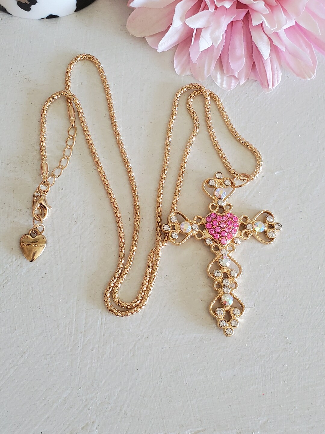 Beautiful Rhinestone Cross Necklace, With Pink Rhinestone Heart, Heart ...