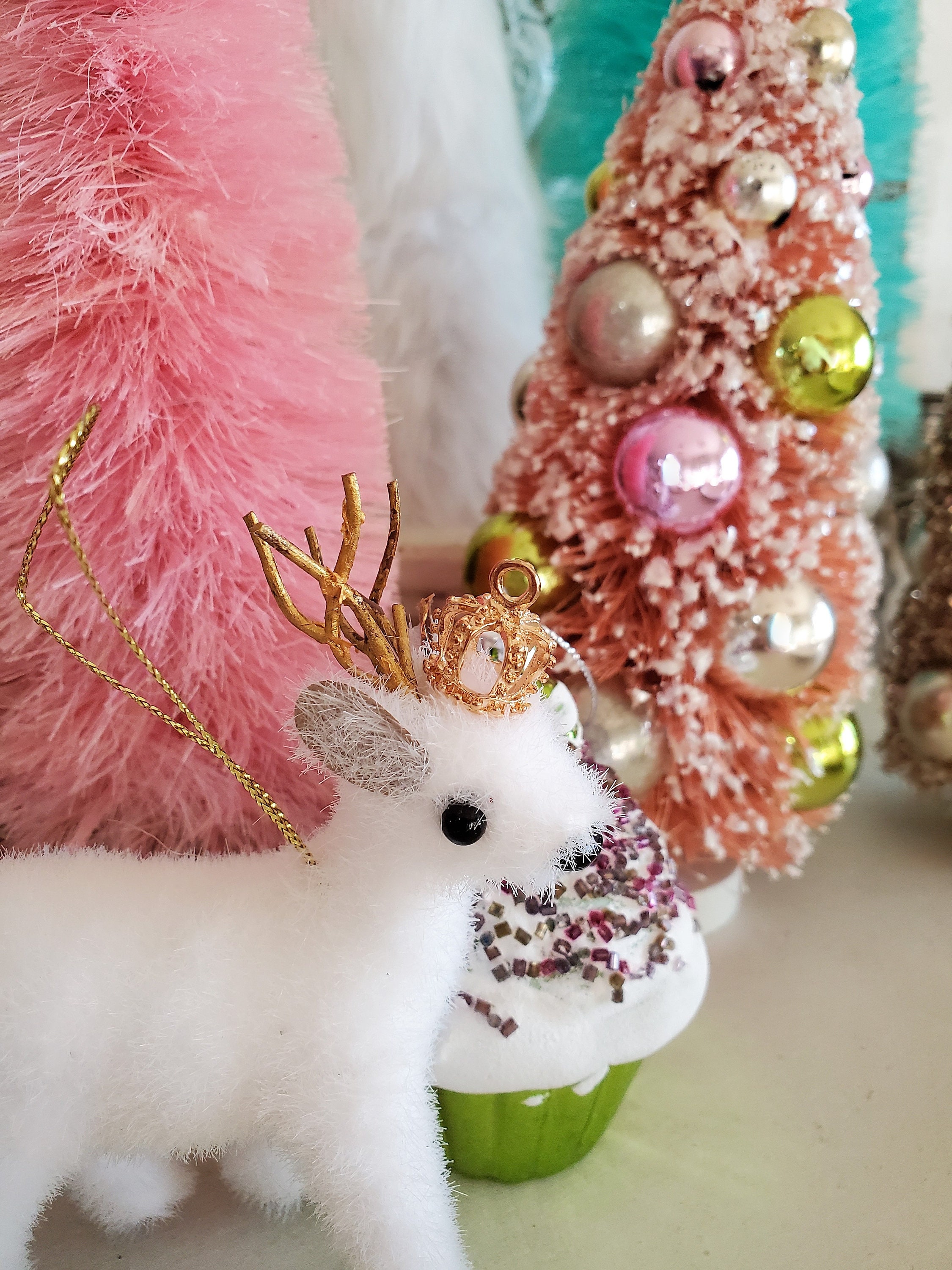 Fuzzy White Deer With Crown Antlers Ornament, Faux Deer, Deer Ornament ...