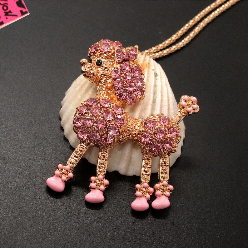 Pink French Poodle Rhinestone Necklace, 28" Chain, Poodle Figure ...