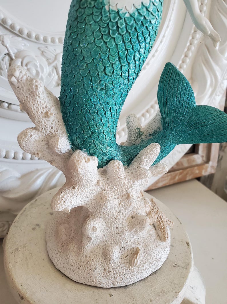 Pretty Standing Mermaid Statue, White Washed Statue, Beach Ocean Decor ...