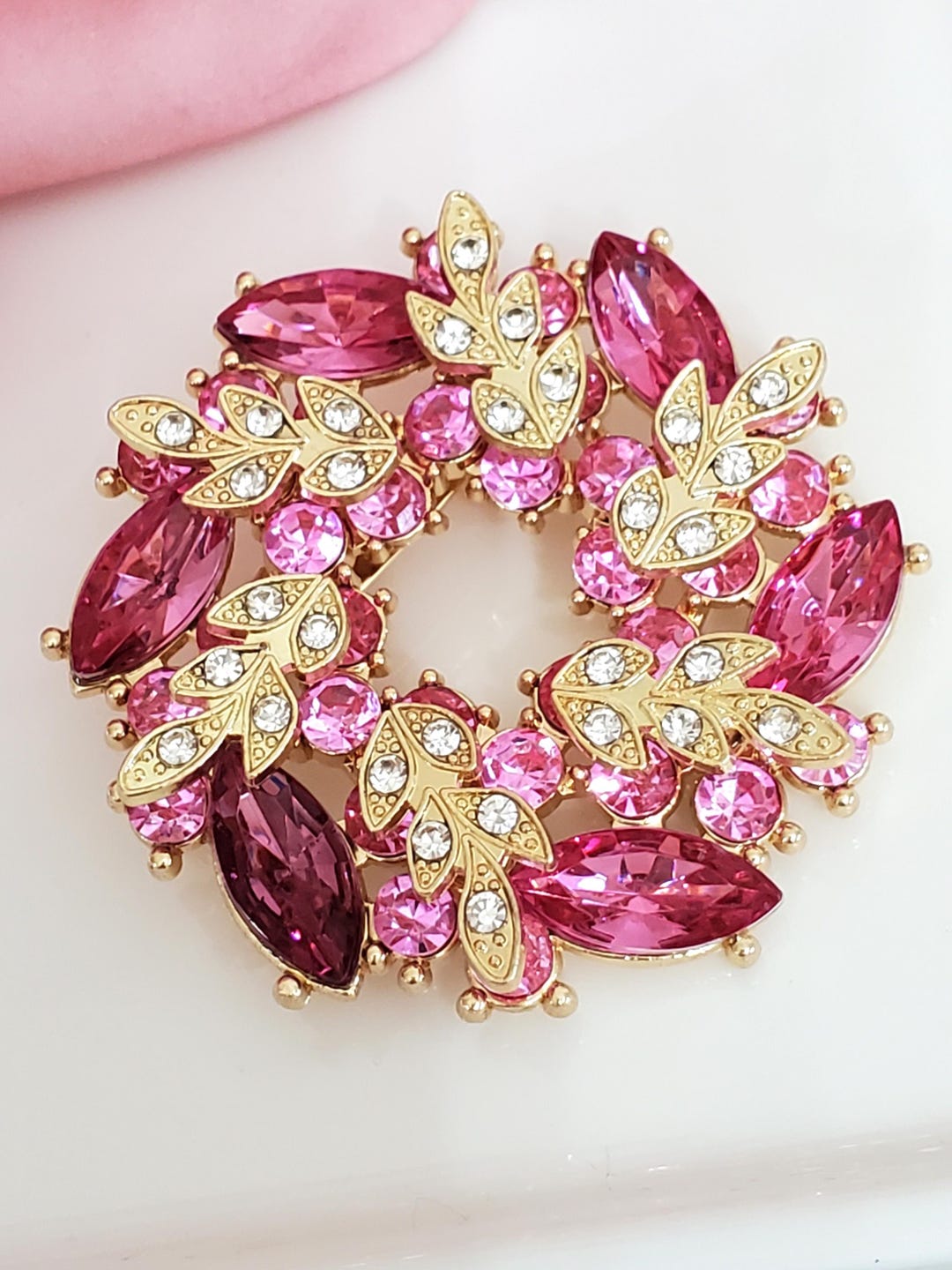 Beautiful Pink Rhinestone Wreath Brooch, Pink Jewels Pin, - Etsy