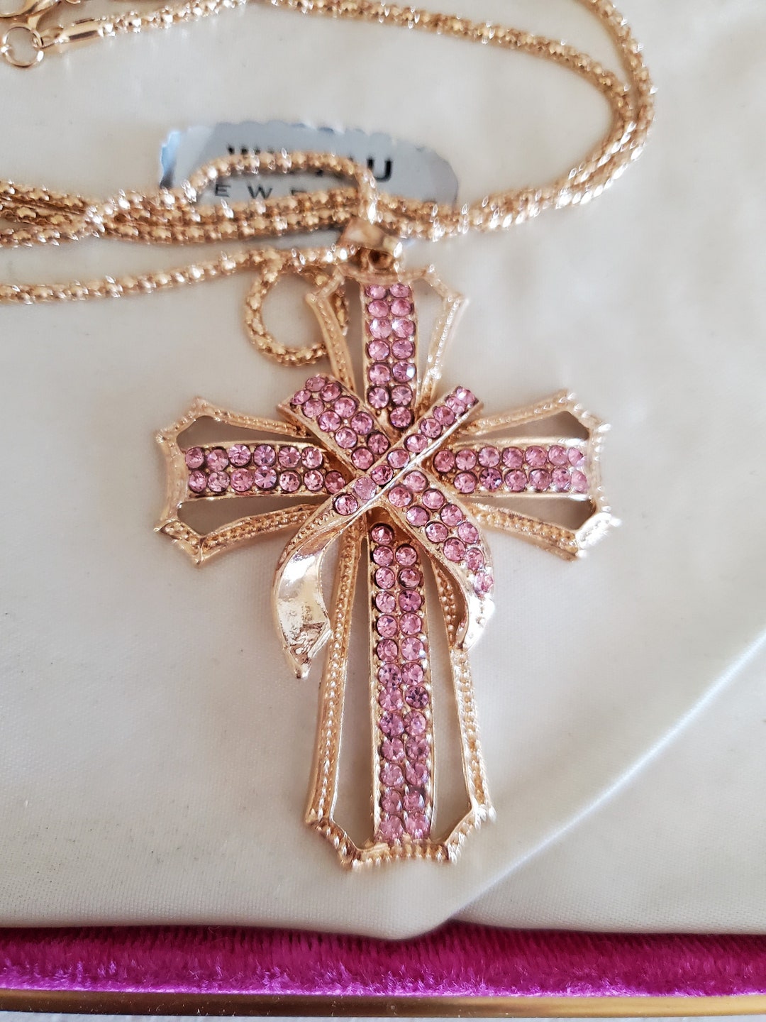Fantastic Pink Rhinestone Cross Necklace, Rhinestone Pendant, Pink ...