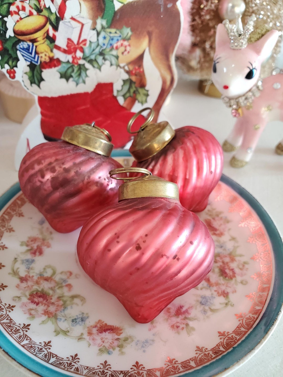 Mercury Glass Kugel Ornament Set, 3 Raspberry Pink Kugel Ornaments ...