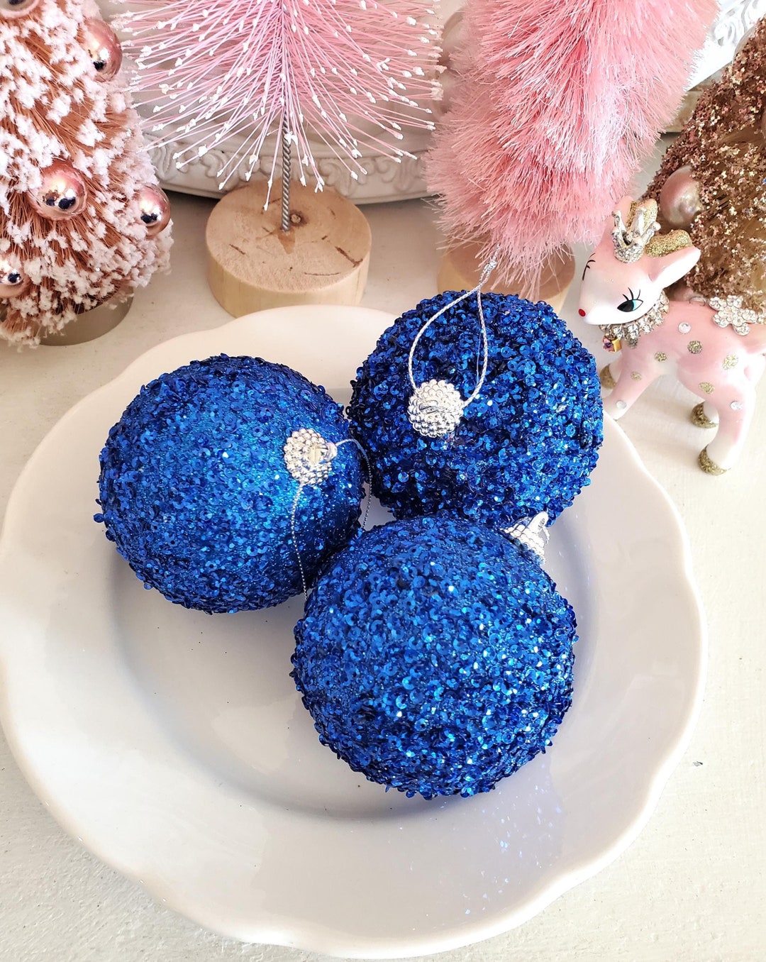 Sparkly Midnight Royal Blue Christmas Ornaments, Shatterproof Light ...