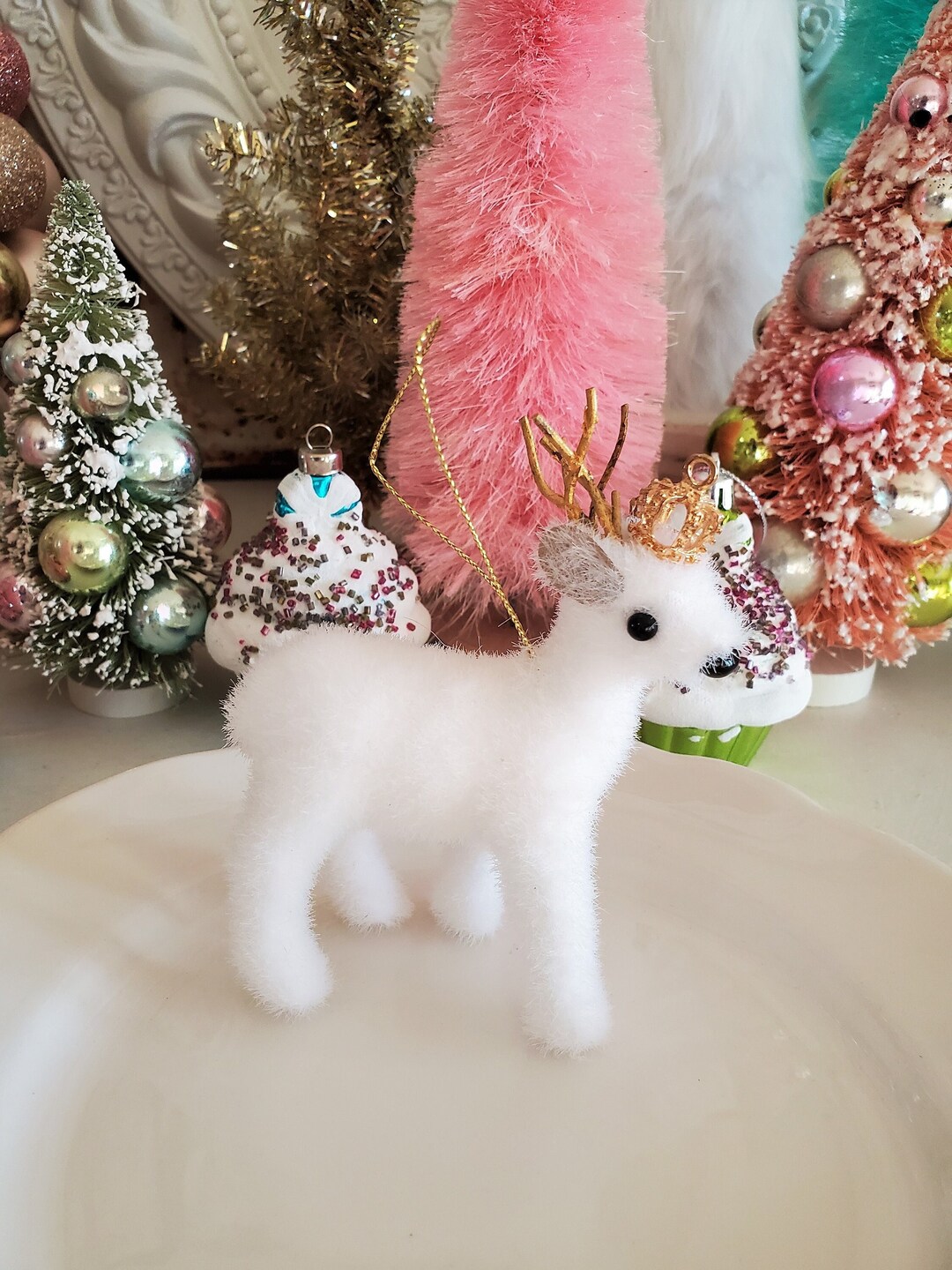 Fuzzy White Deer With Crown Antlers Ornament, Faux Deer, Deer Ornament ...