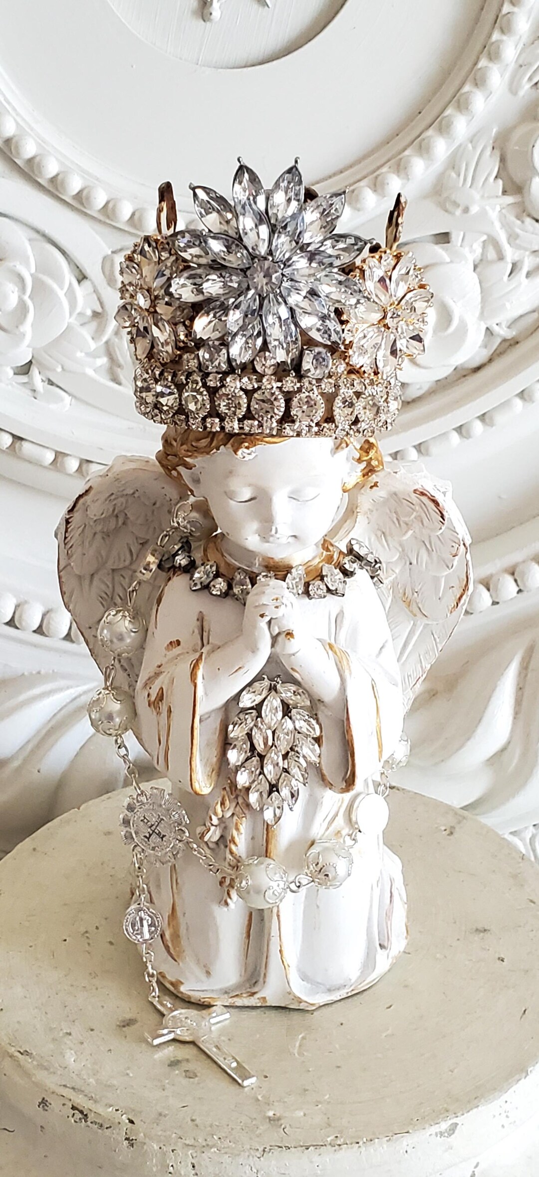 Angel Statue Figure, White Chippy With Vintage Old Rhinestone Crown ...