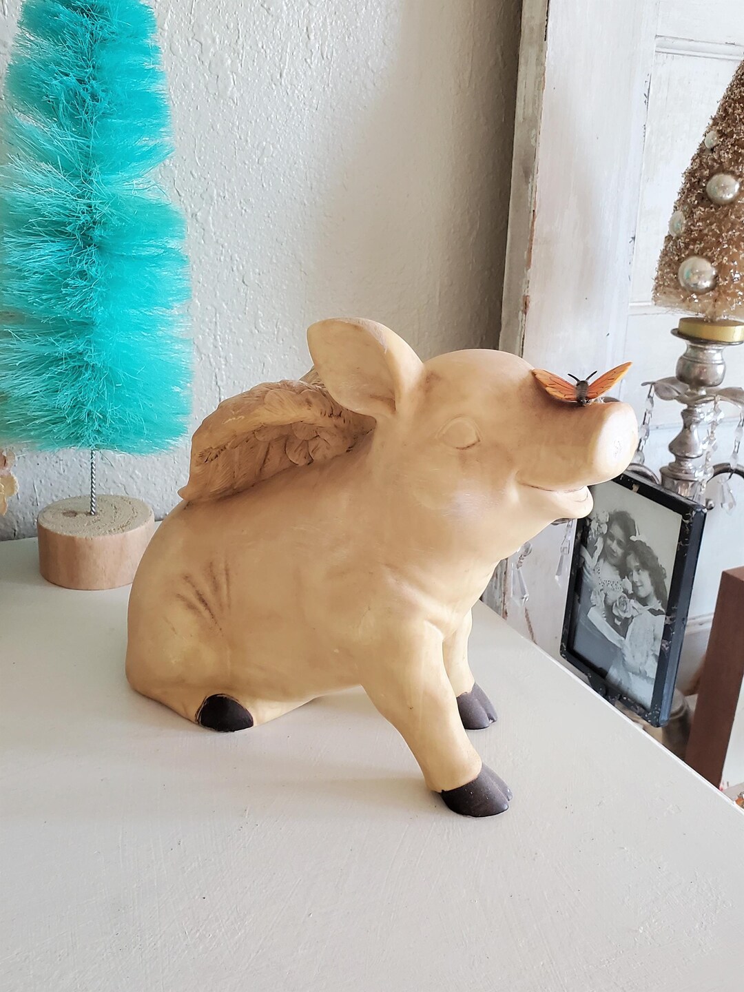 Sweet Pig Statue With a Butterfly on His Nose, Pig Figure, Garden Decor ...