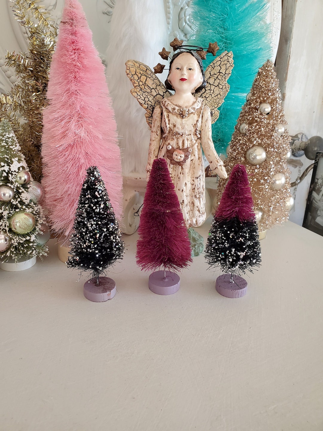 Set of 3 Bottle Brush Trees, Maroon Tree, Black Tree, Vintage Style ...