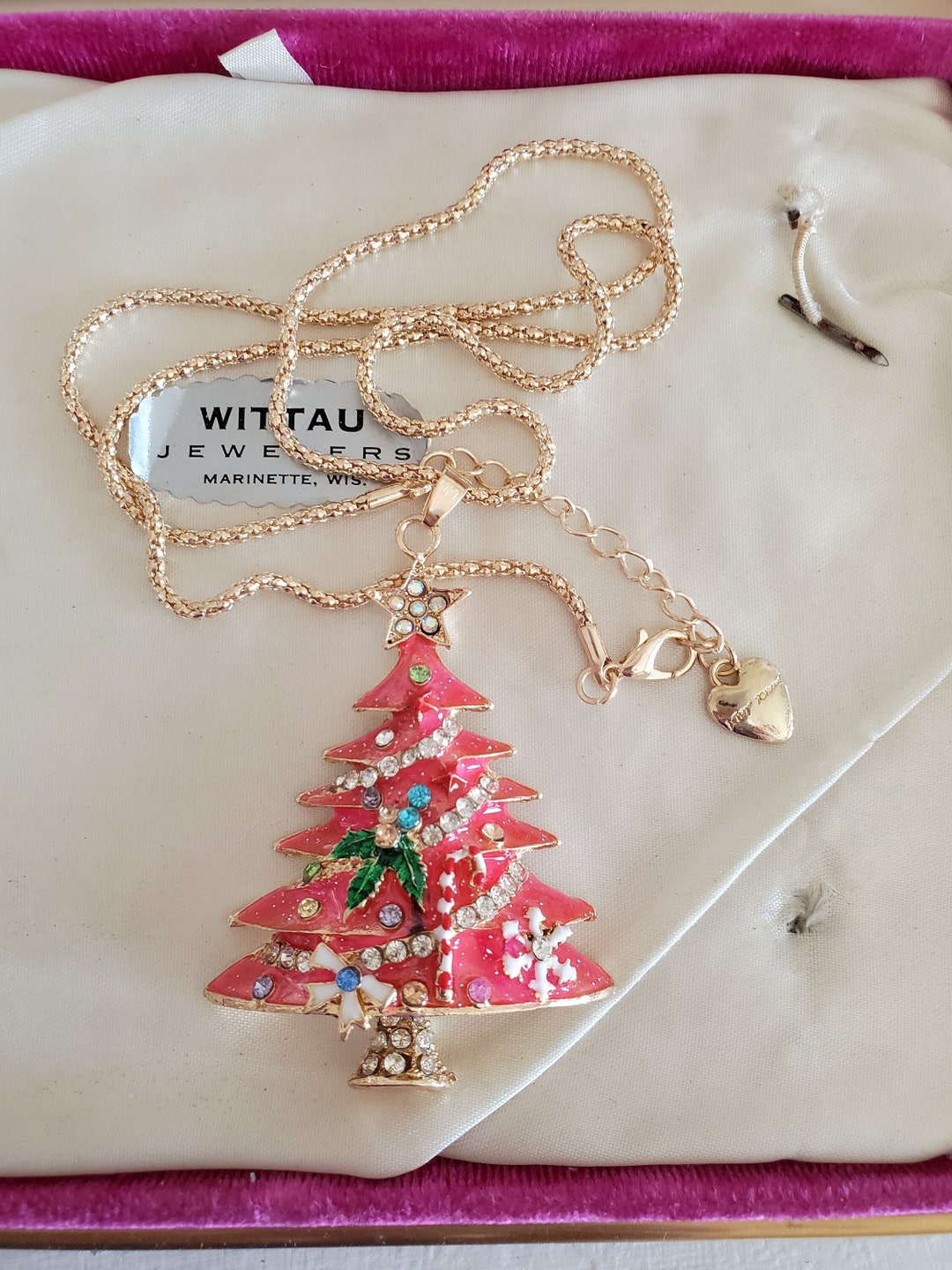 Pink Christmas Tree Necklace, 24" Chain, Heart Charm, Rhinestone ...