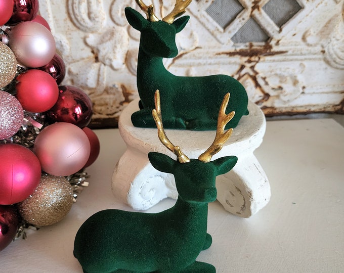 Fabulous Green Velvet Deer Set, Deer Figures, Christmas Deer, Velvet ...