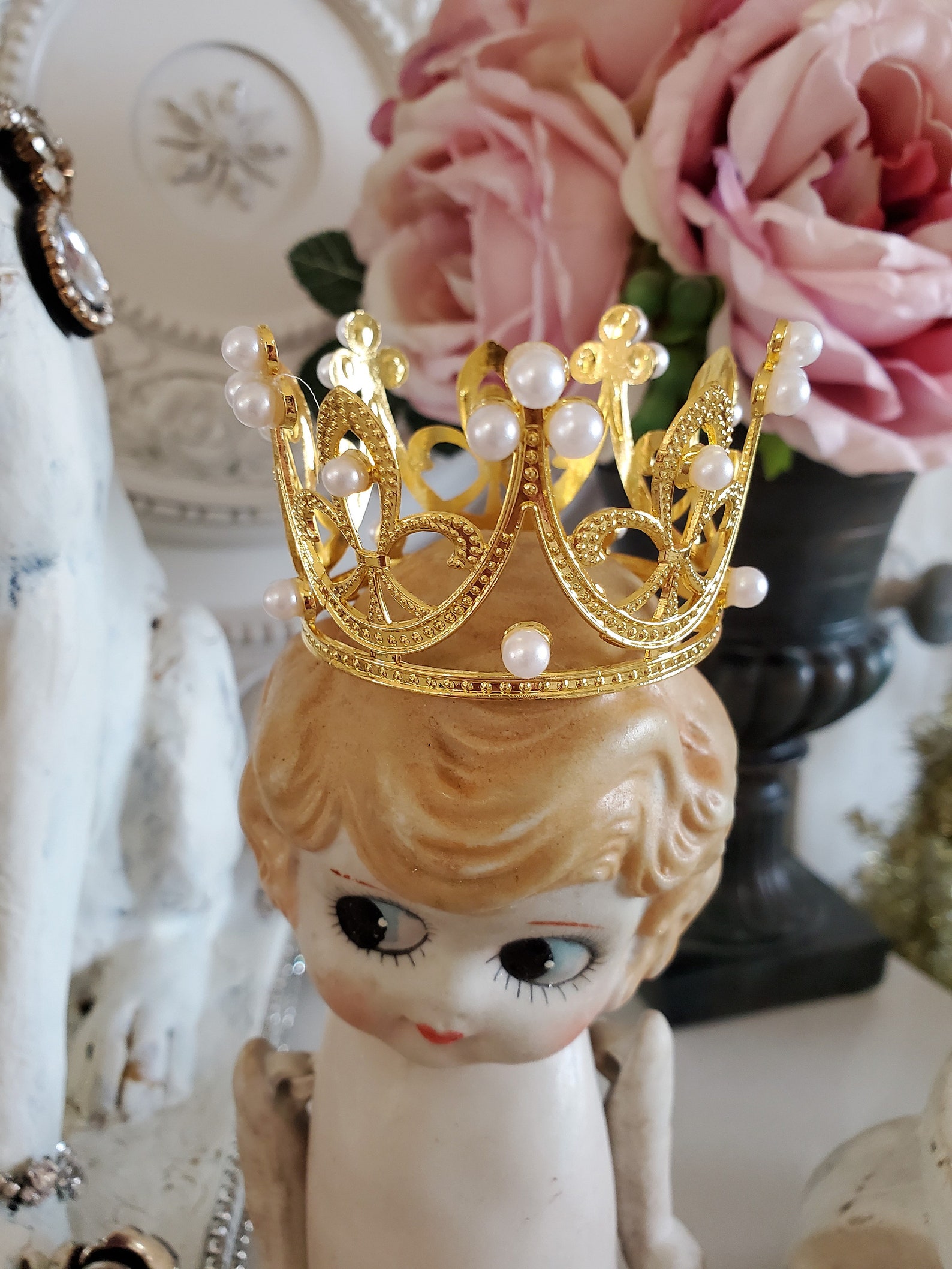 Gold Metal Princess Crown, Doll Crown, Pearl Crown, Santos Angel - Etsy