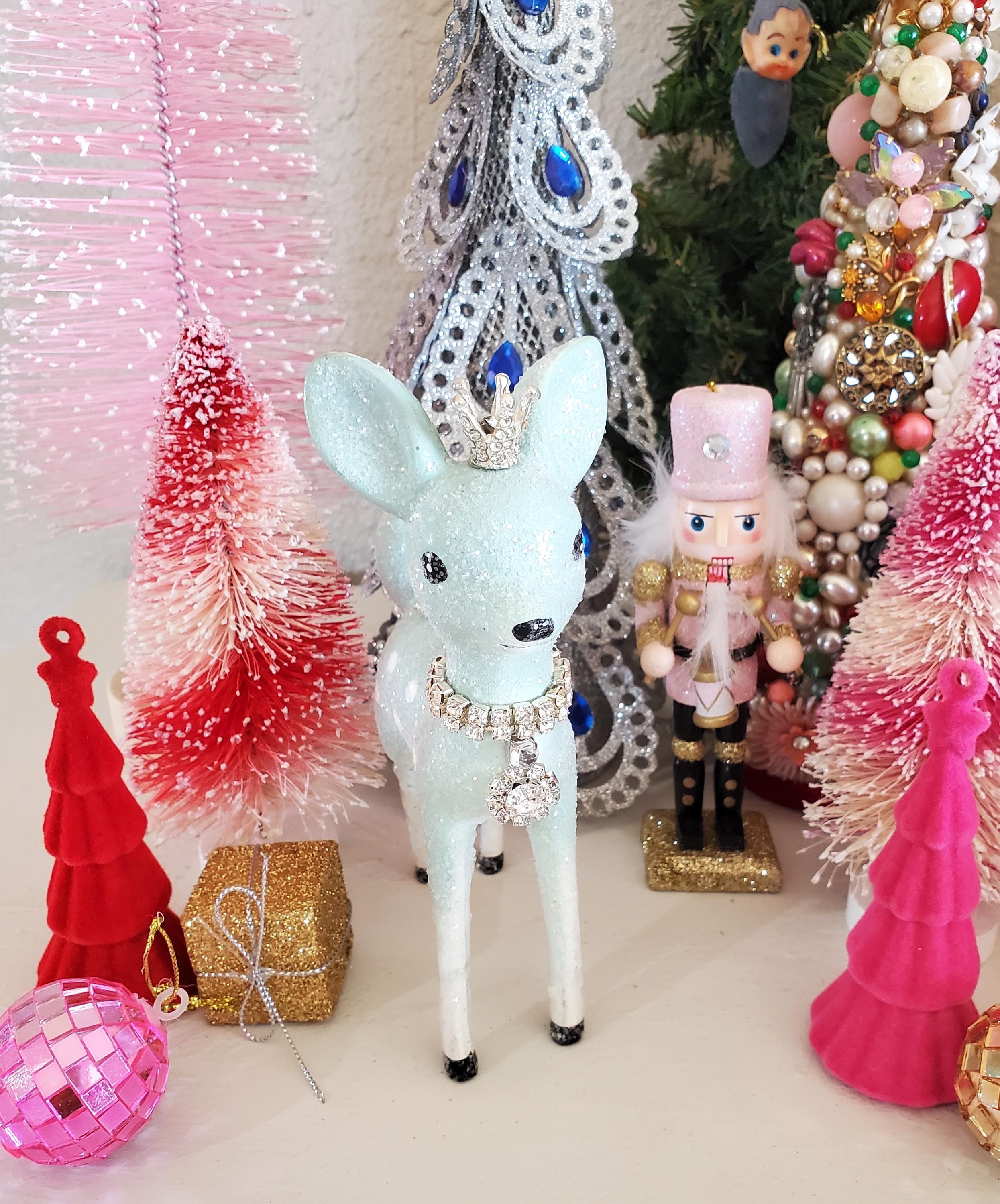 Blue Christmas Deer Figure With Rhinestone Crown and Collar, Blue ...