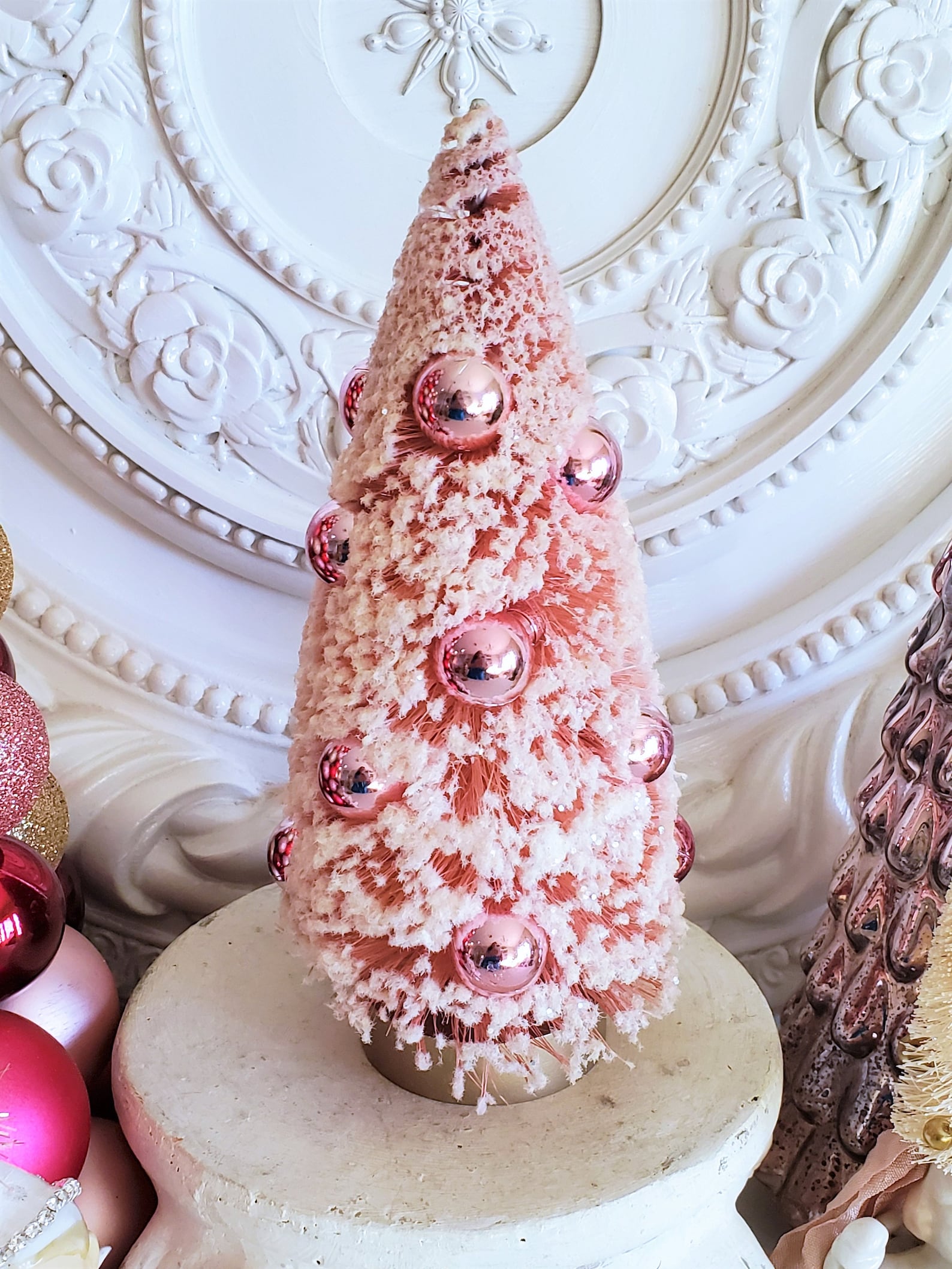 Lovely PINK Bottle Brush Tree With Ornaments, Vintage Style Christmas ...