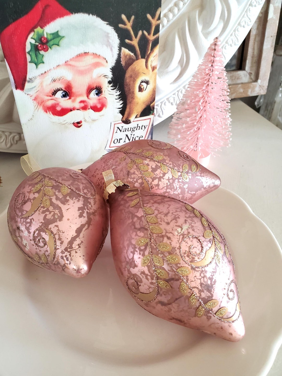 3 Pink Mercury Glass Ornaments, Shabby Chic Christmas, Teardrop ...