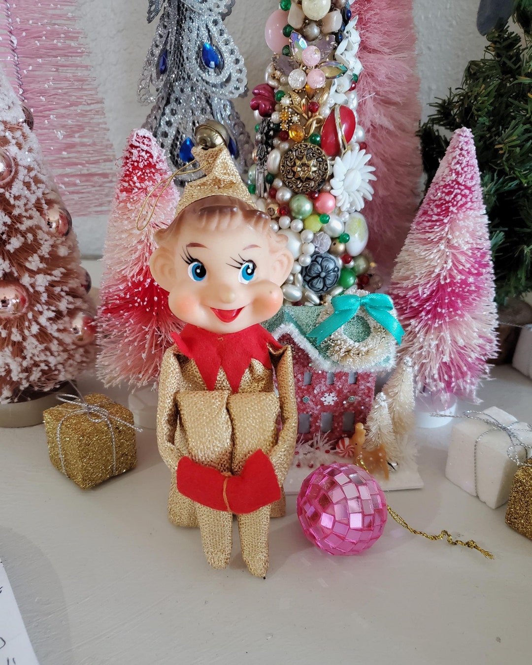 Vintage Gold Knee Hugger Elf, Pixie Ornament, Vintage Christmas Figure ...