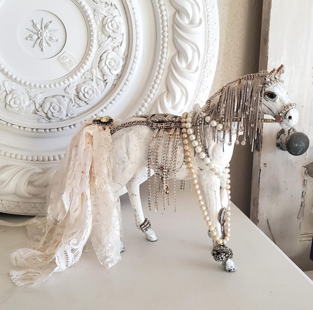 Distressed Horse Statue, Vintage Rhinestone Adornments, Brocante Lace ...