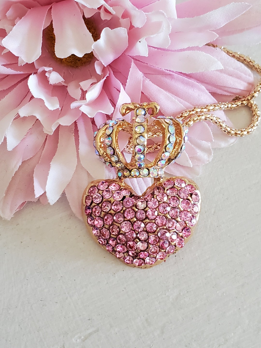Pink Rhinestone Heart / Crown Necklace, 24 Chain, Pretty Jewelry Craft ...