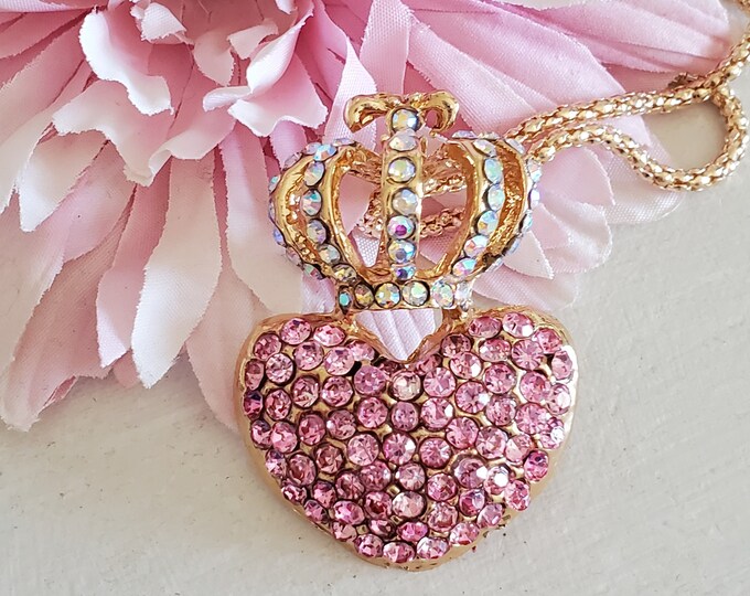 Pink Rhinestone Heart / Crown Necklace, 24" Chain, Pretty! Jewelry ...