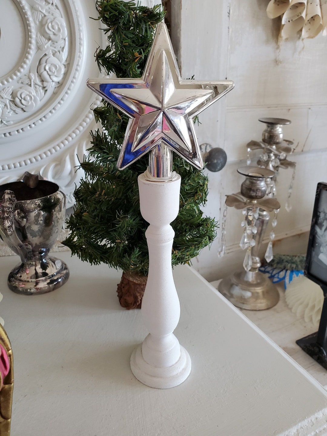 Vintage White Wooden Candlestick, Vintage Star Tree Topper, Vintage ...