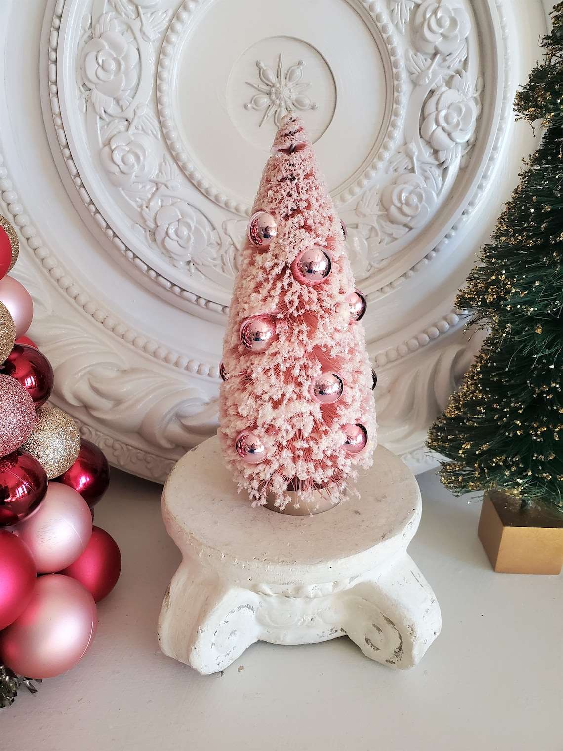 Lovely PINK Bottle Brush Tree With Ornaments, Vintage Style Christmas ...