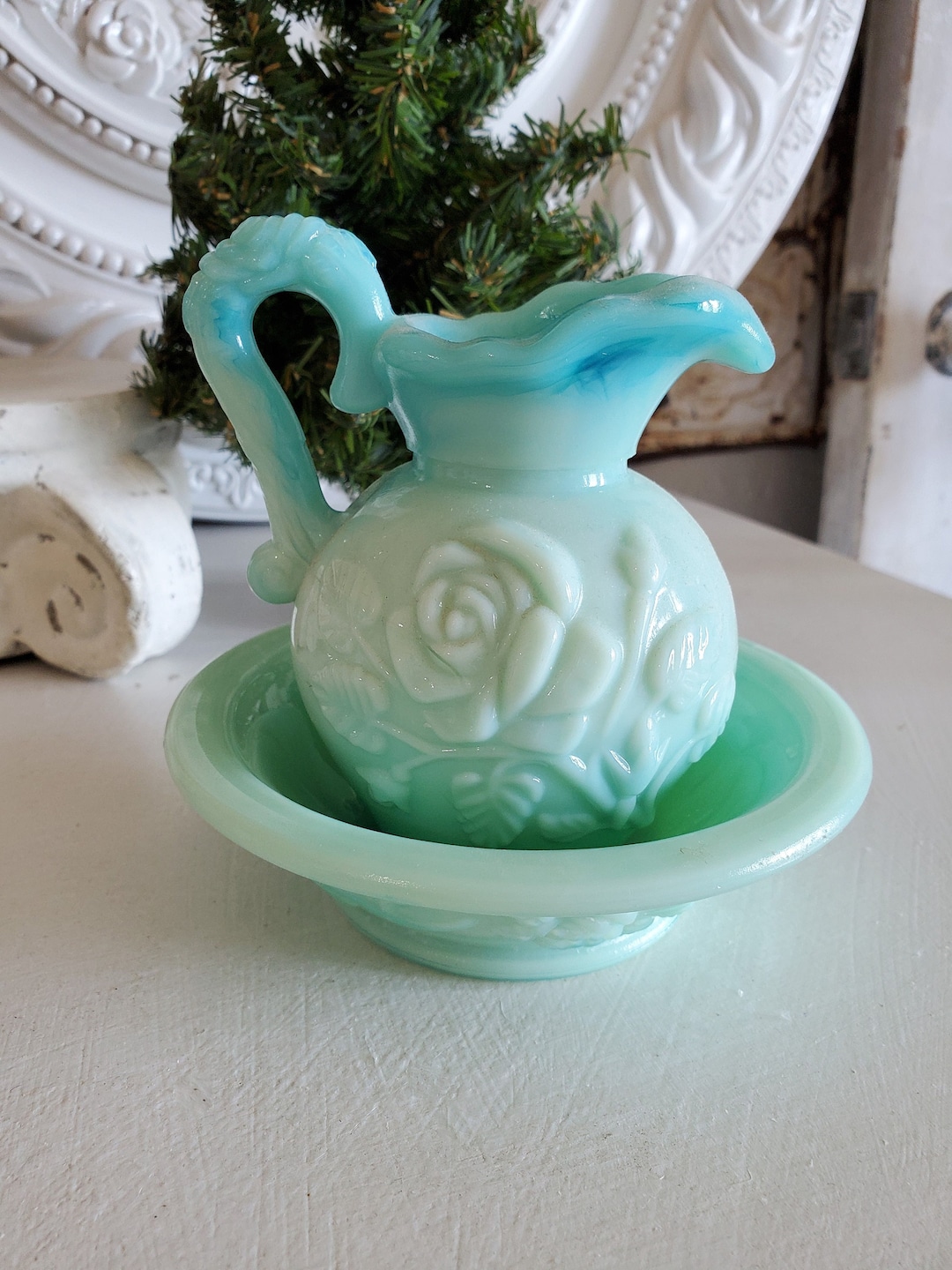 Vintage Slag Glass Pitcher Set, Vintage Avon, Green Blue Pitcher ...