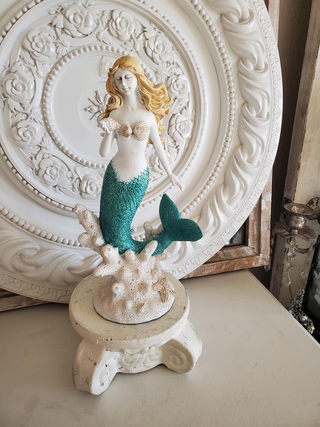 Pretty Standing Mermaid Statue, White Washed Statue, Beach Ocean Decor ...