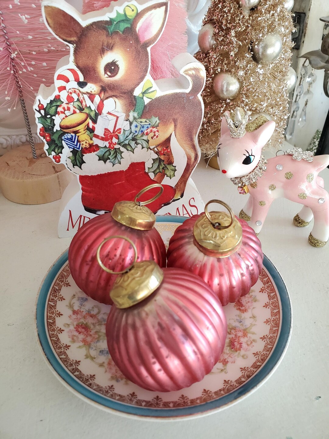 Pretty Mercury Glass Kugel Ornament Set, 3 Raspberry Pink Kugel ...