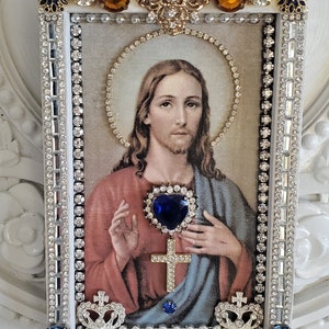 Vintage Rhinestone Jesus Ornament, Jesus Plaque, Altered Art Christmas ...