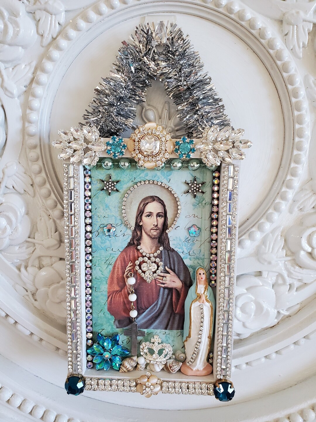 Vintage Rhinestone Jesus Ornament, Jesus Plaque, Vintage Madonna, Holy ...