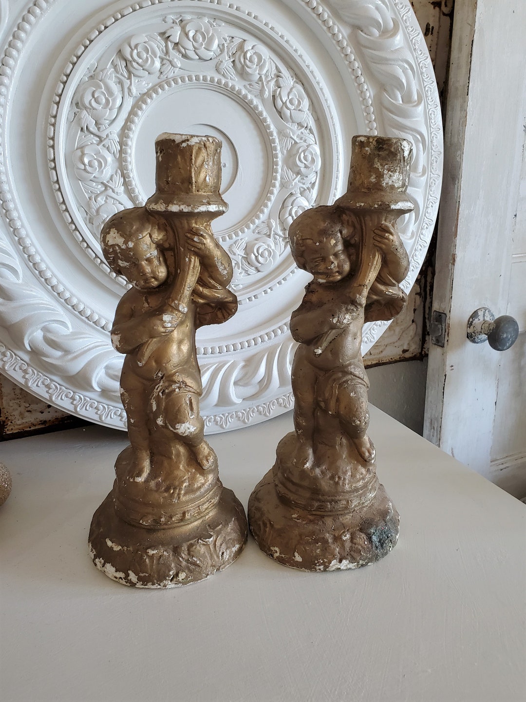 Vintage Cherub Candlestick, Pair FRENCH Angel Figures, Old Candle ...
