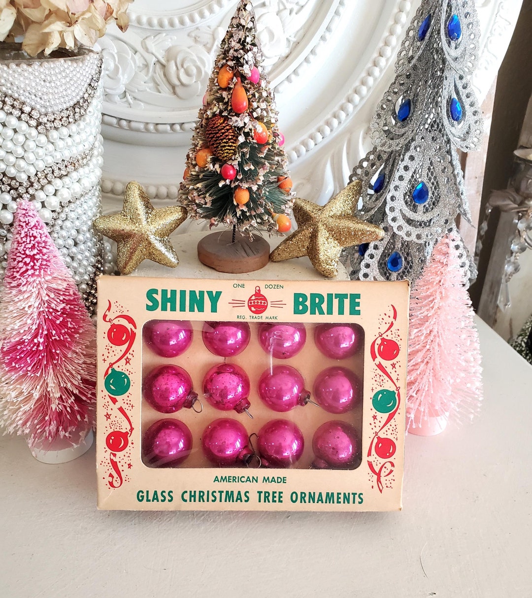 12 Pink Shiny Brite Small Glass Christmas Ornament Set, Hot Pink Balls ...