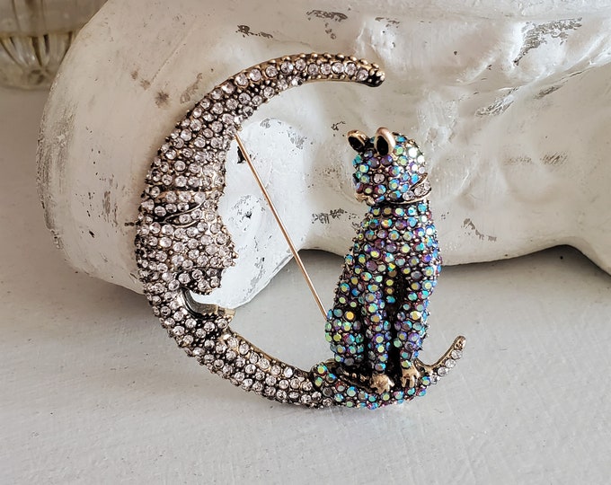 Cat and Moon Rhinestone Brooch, Cat Jumped Over the Moon, Ab Rhinestone ...