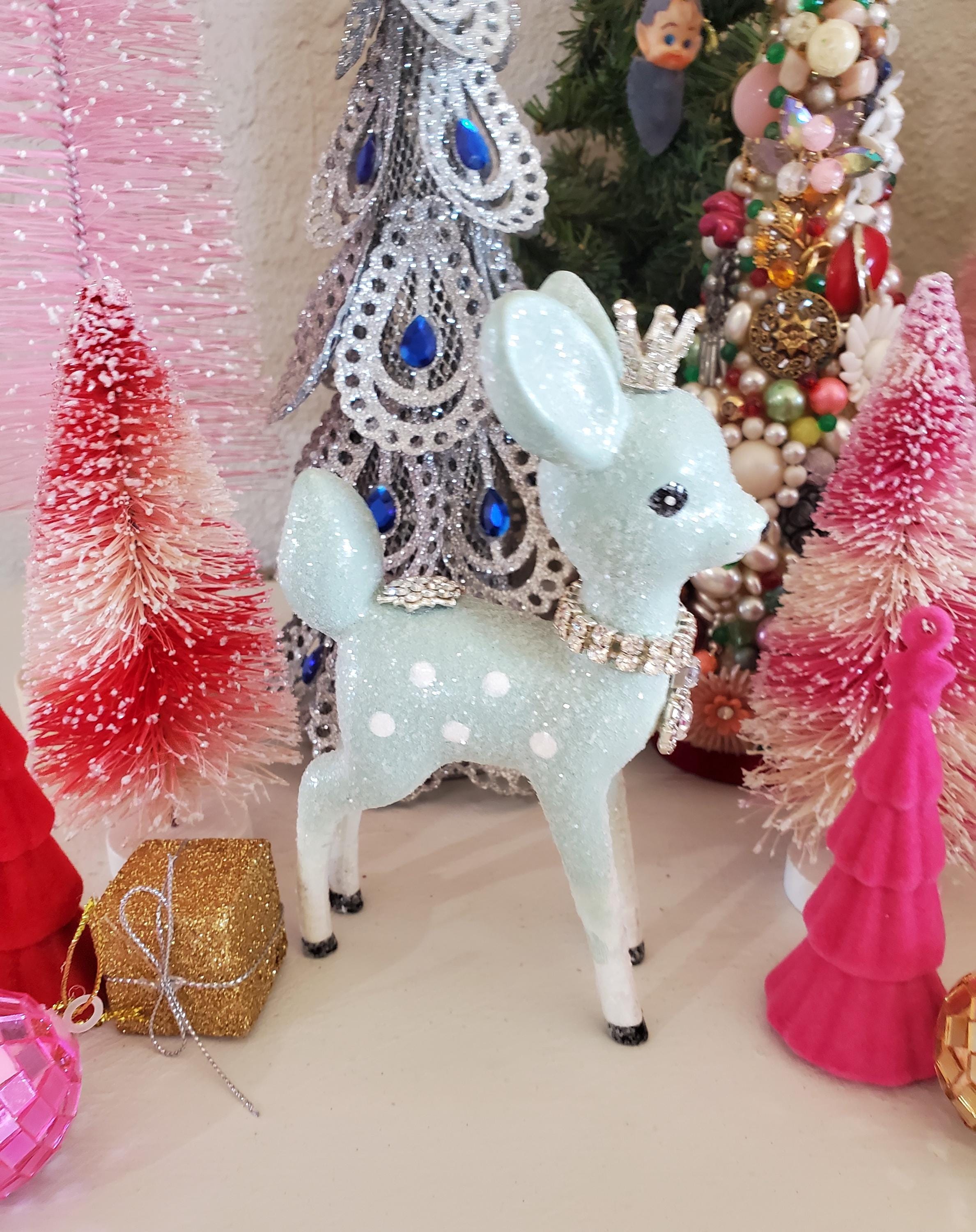 Blue Christmas Deer Figure With Rhinestone Crown and Collar, Blue ...