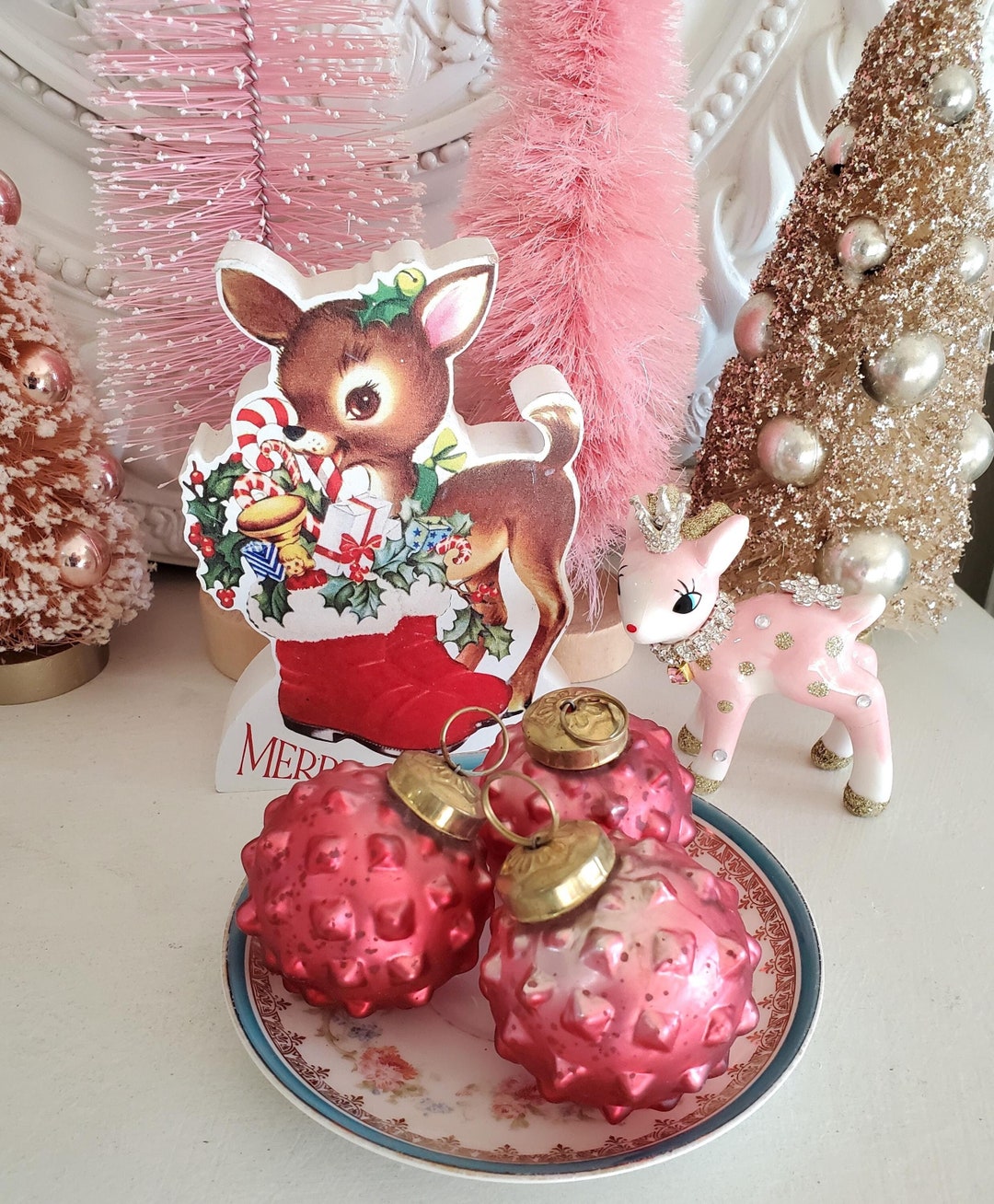 Mercury Glass Kugel Ornament, Raspberry Pink Kugel Ornament, Distressed ...