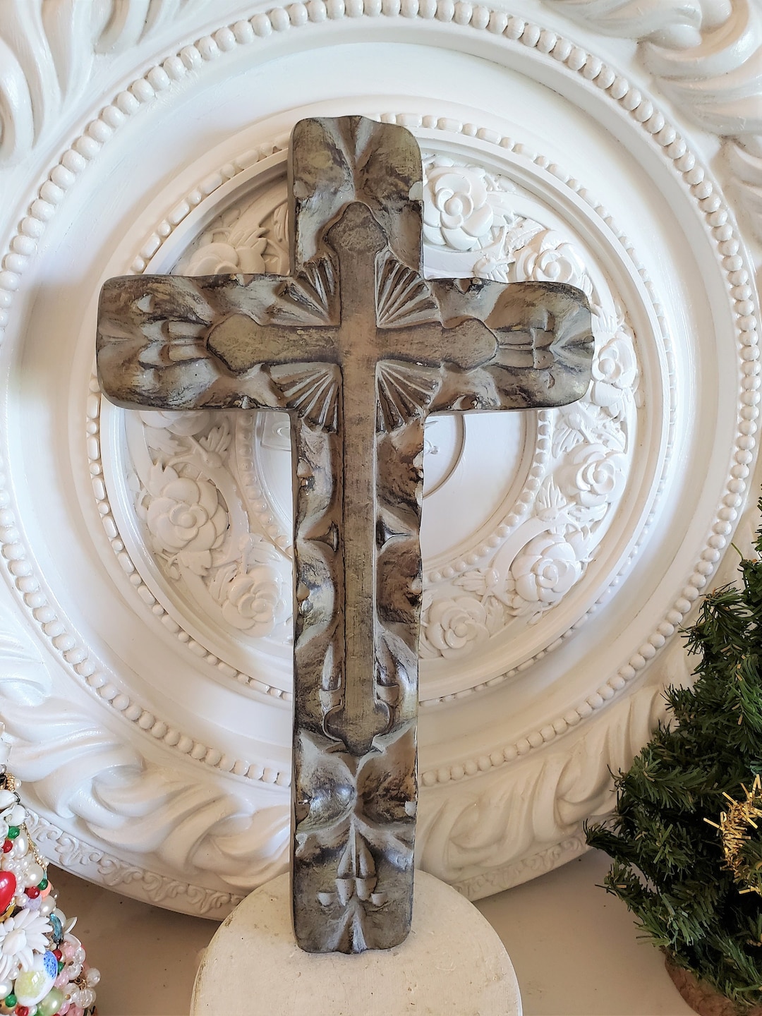 Vintage Chalkware Wall Cross, Large Cross, Ornate Plaster Cross ...