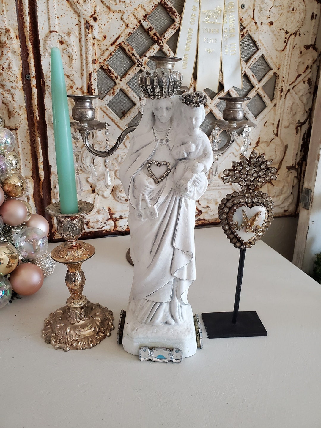 Vintage White Mother Mary Statue With Baby Jesus Rhinestone - Etsy