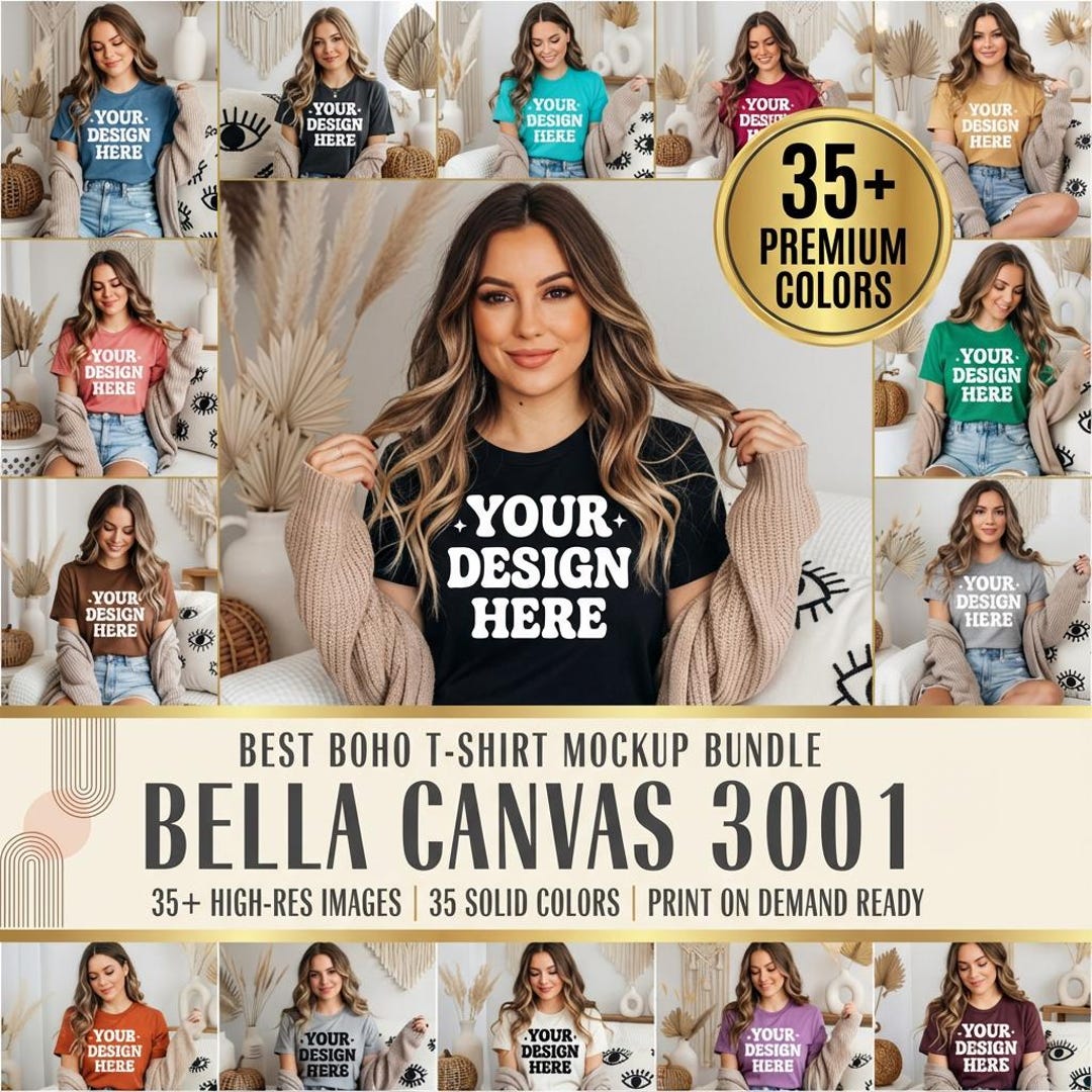 Bella Canvas 3001 T-shirt Mockup Bundle, Boho Style, 35+ Colors ...
