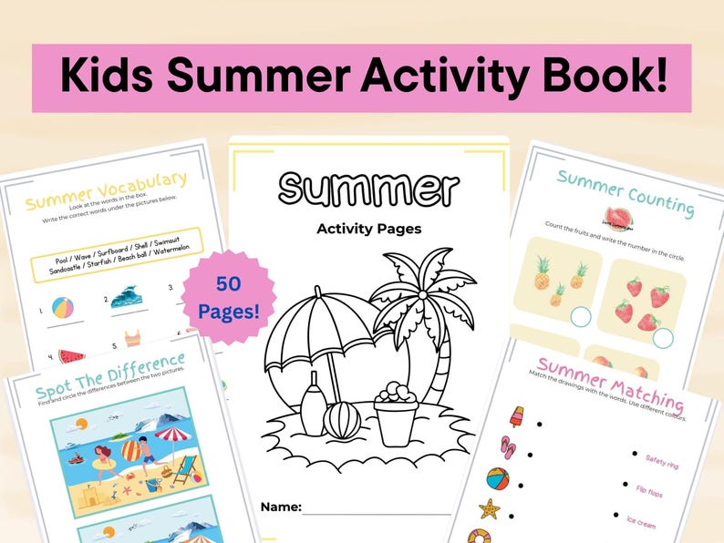 50 Page Summer Kids Activity Book, Printable Pages, Summer Camp ...