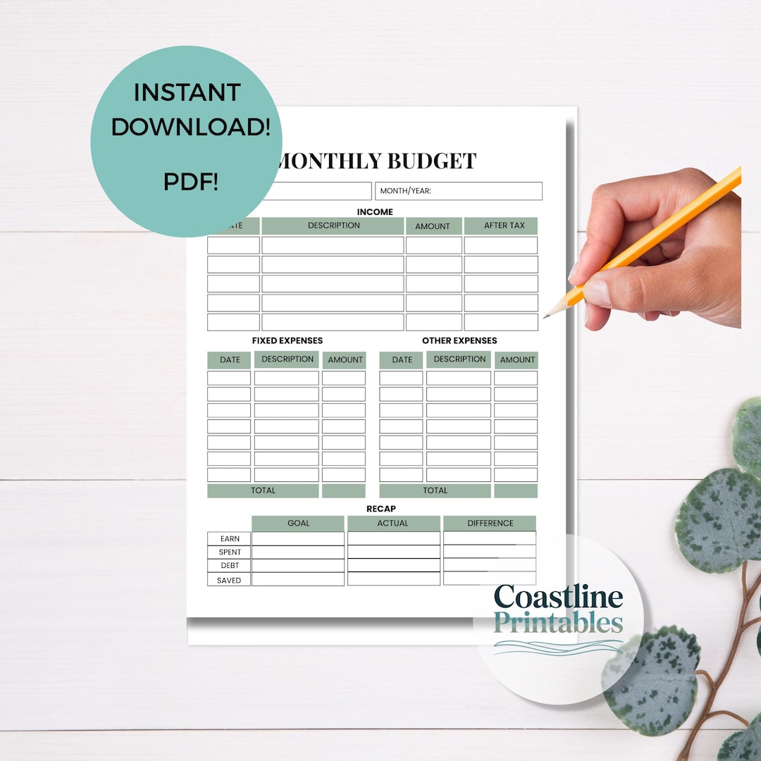 Printable Monthly Budget Planner PDF - Income & Expense Tracker, Debt ...