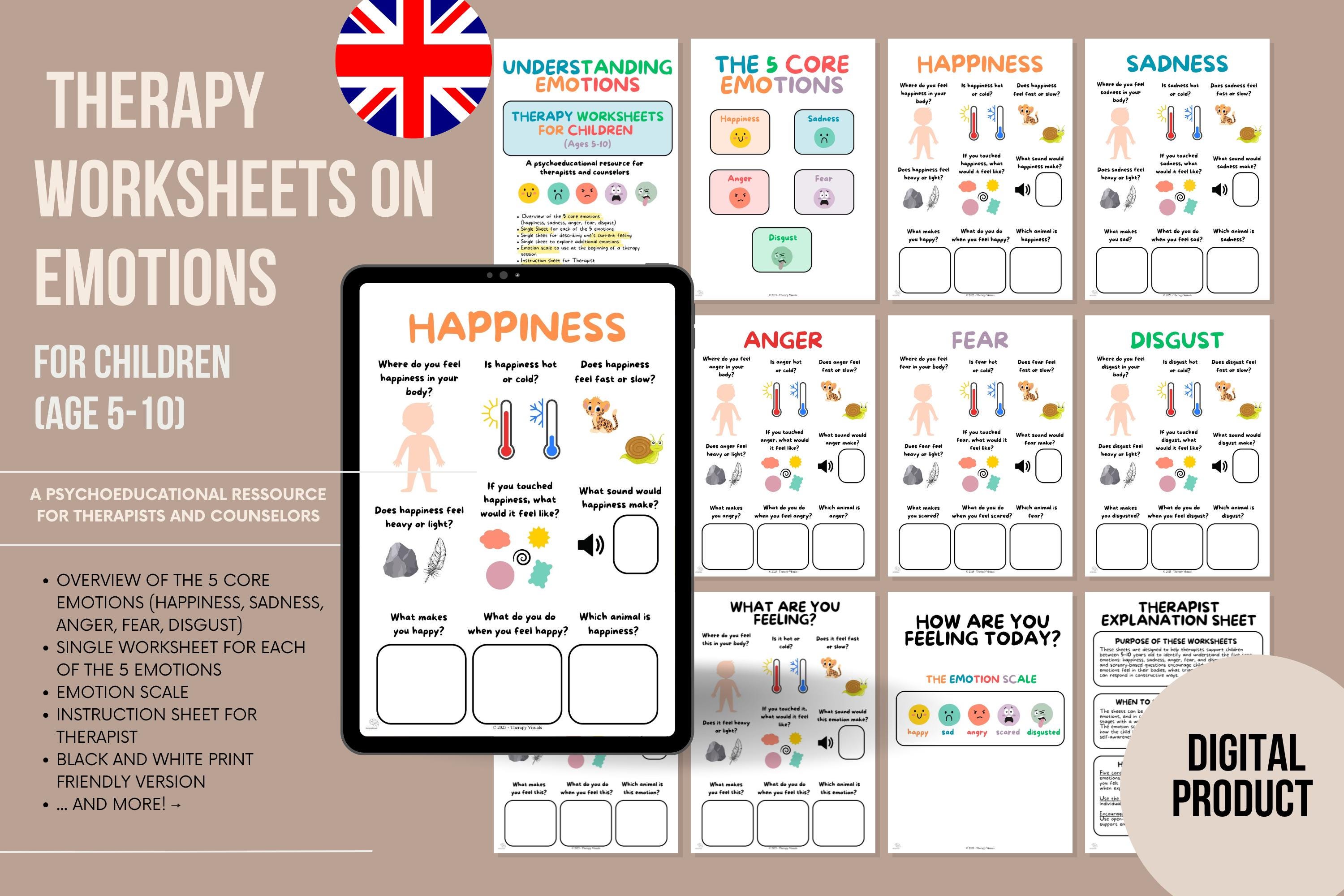 Core Emotions Worksheets for Kids | Printable Therapist Psychoeducation ...
