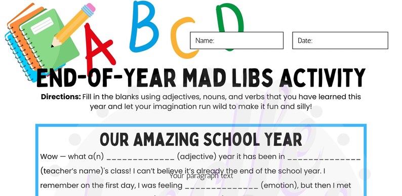End of Year Mad Libs | Fun Classroom Activity | Printable Last Day of ...