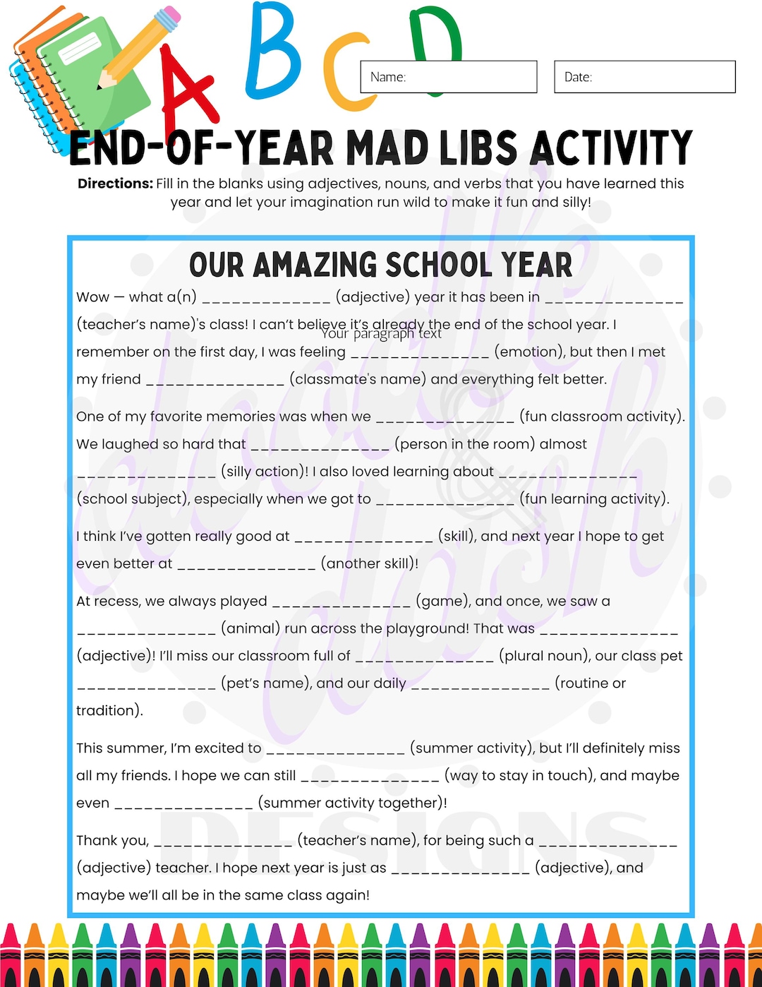 End of Year Mad Libs | Fun Classroom Activity | Printable Last Day of ...