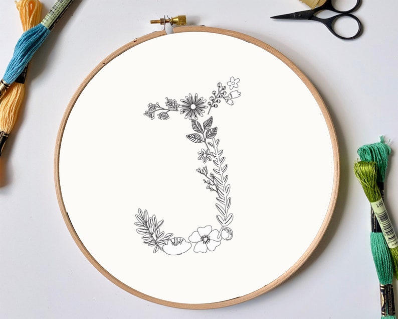 Letter J Botanical Embroidery Design Floral Monogram PDF - Etsy