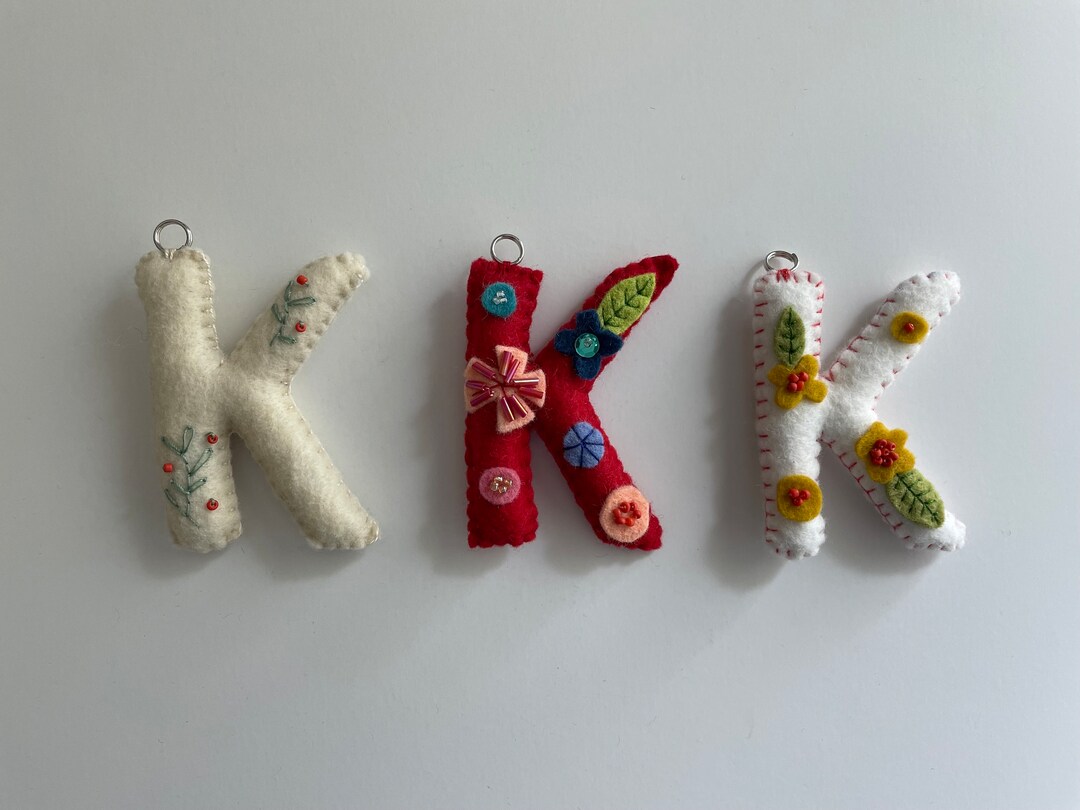 Letter K Monogram Embroidered Felt Ornament, Beaded Christmas Ornament ...