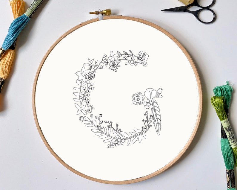 Letter G Botanical Embroidery Pattern Floral Monogram PDF - Etsy
