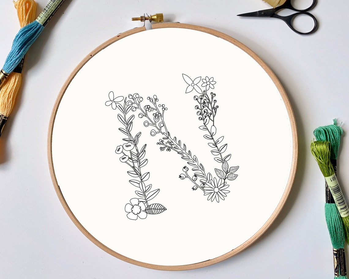 Letter N Botanical Embroidery Design | Floral Monogram PDF Embroidery ...