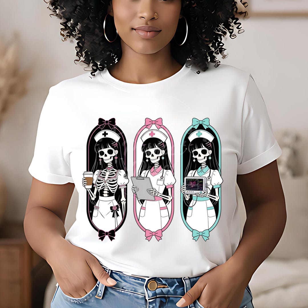 Coquette Nurse Skeleton Panel PNG, Pink Black Teal Bow Design (digital ...