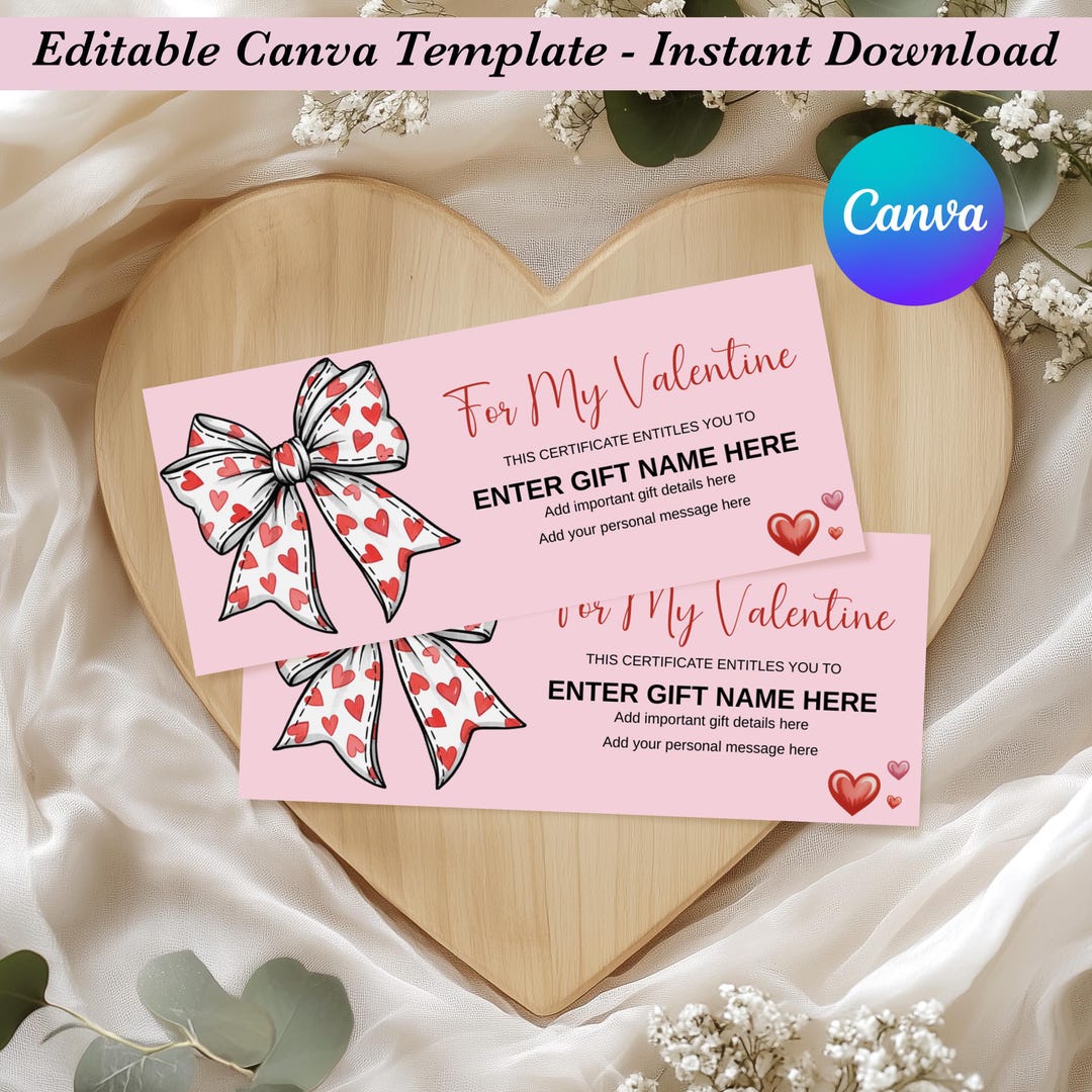 Valentine Gift Certificate Template | Heart Bow Canva Voucher ...