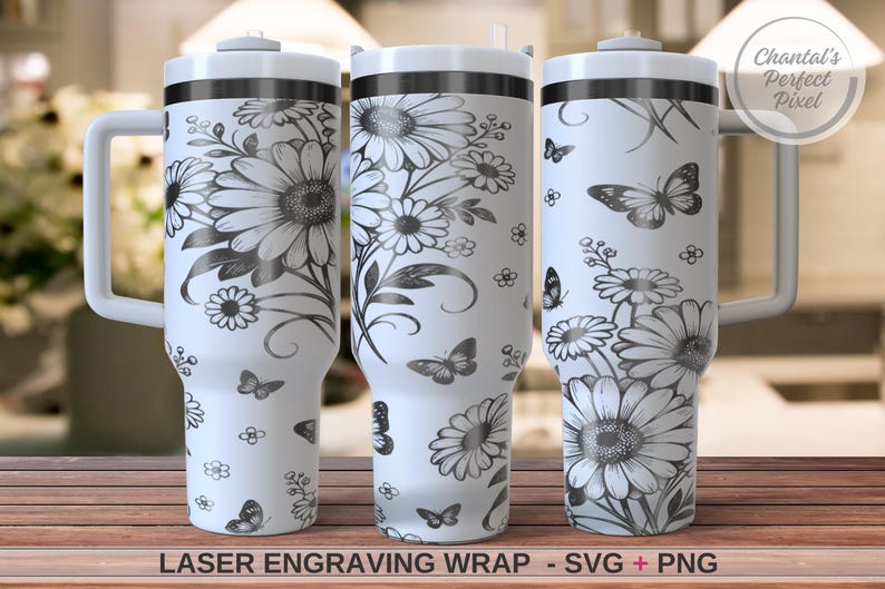 Daisy Floral Engraving Wrap SVG PNG | Butterfly Tumbler Wrap 40oz ...